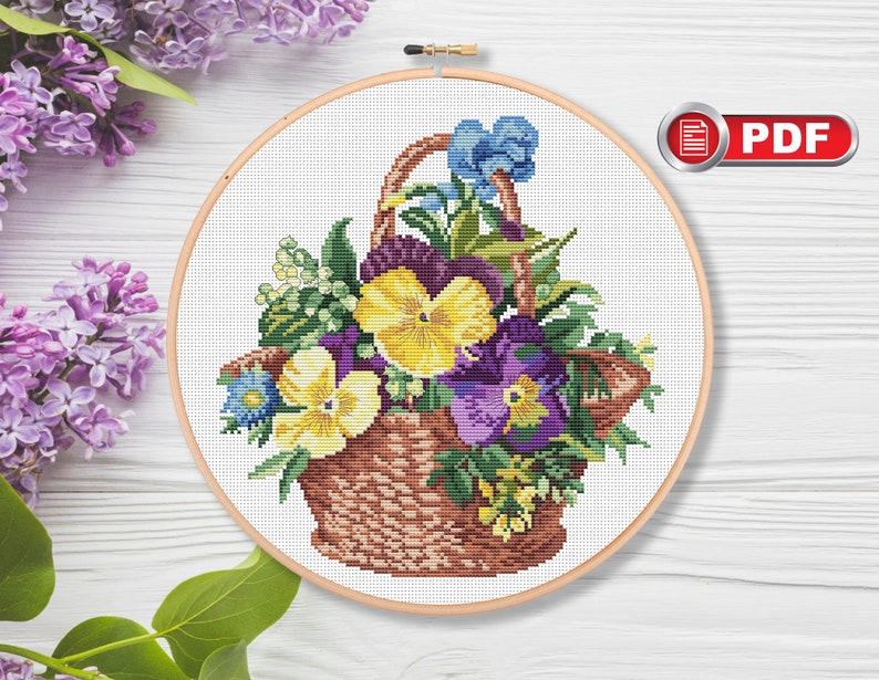 Pansies in A Basket Cross Stitch Pattern, Flowers Cross Stitch Pattern ...