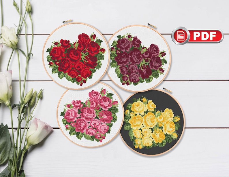 Set of 4 Heart of Roses Cross Stitch Patterns Happy - Etsy