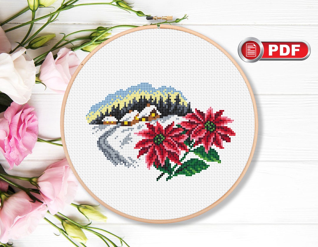 Flowers December Cross Stitch Patterns, Red Flowers Cross Stitch ...
