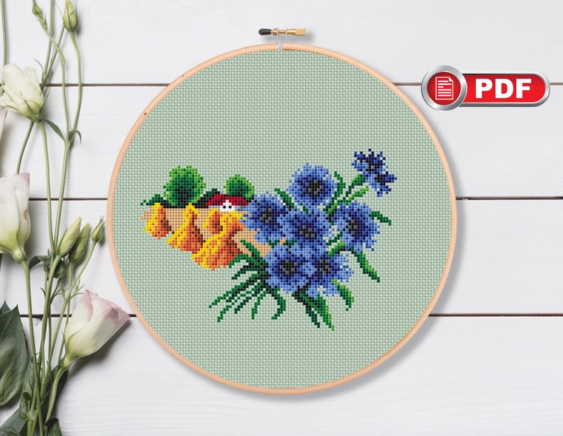 Flowers August Cross Stitch Patterns, Blue Flowers Cross Stitch Pattern ...