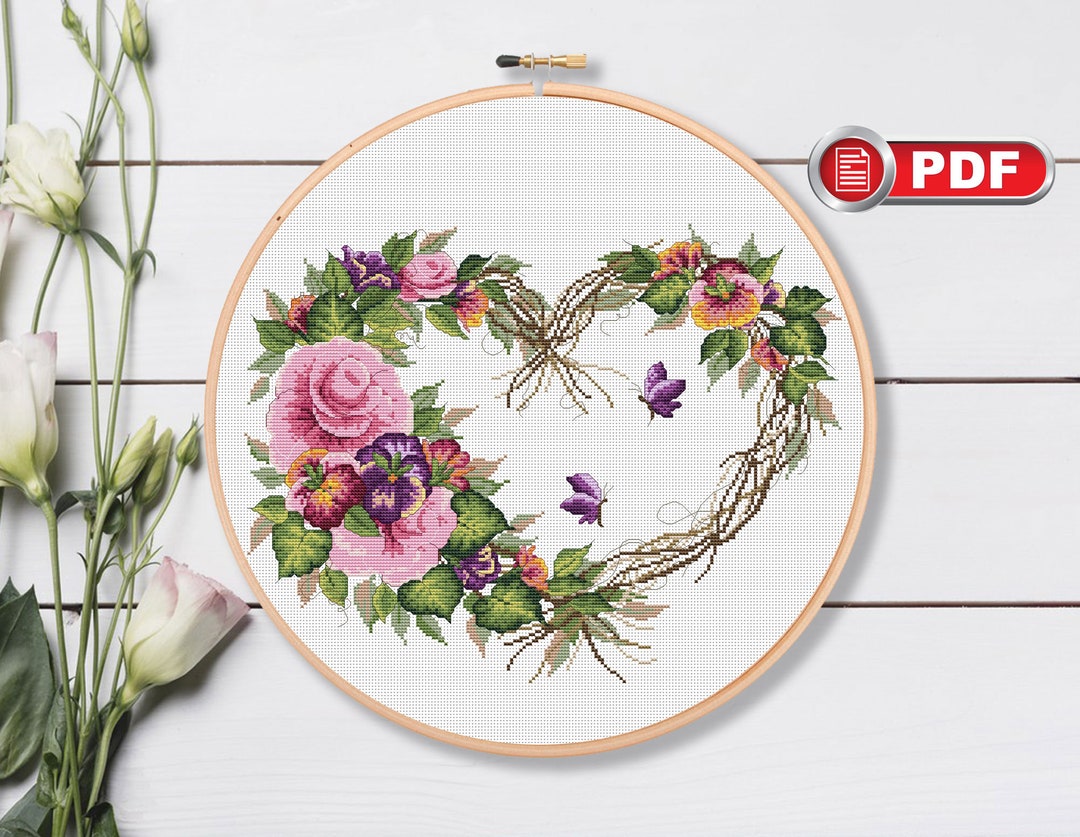 Heart of Pink Roses Cross Stitch Patterns, Happy Valentines Day Cross ...