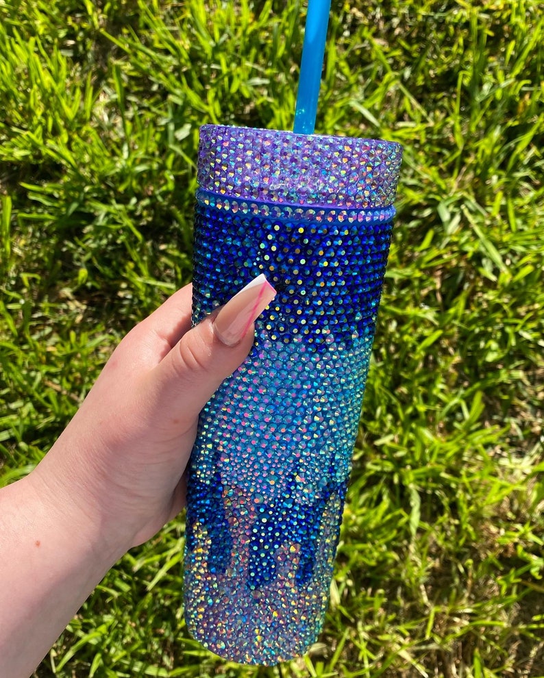Rhinestone Plastic Tumblr Bedazzled Cup With Straw Deep Blue Ocean ...