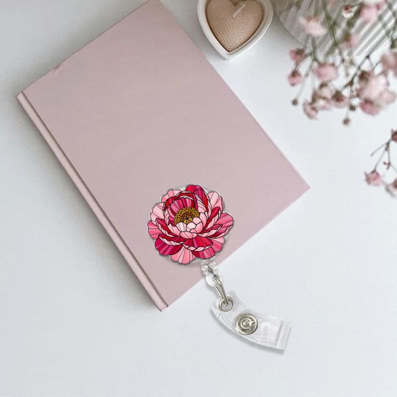 Peony Floral Badge Reel, Elegant Flower Design, Stylish Flower Badge ...