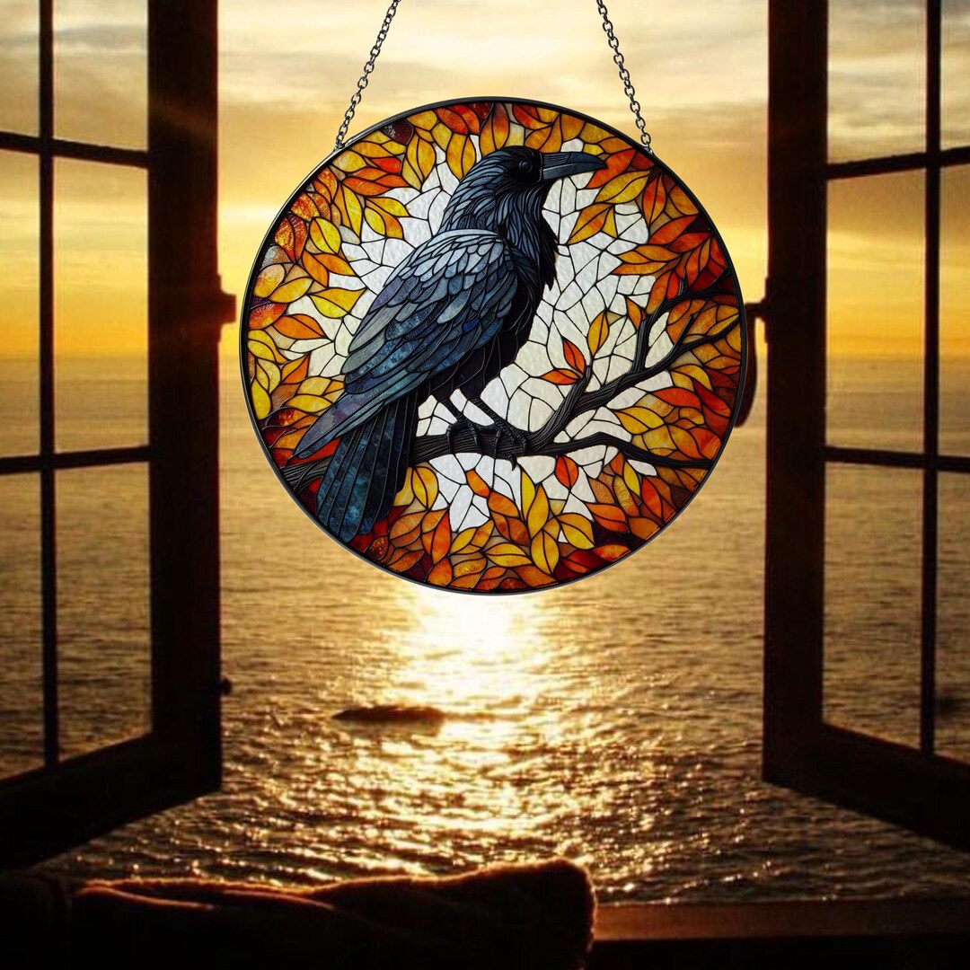 Raven Glass Suncatcher, Gothic Crow Window Hanging for Garden, House ...