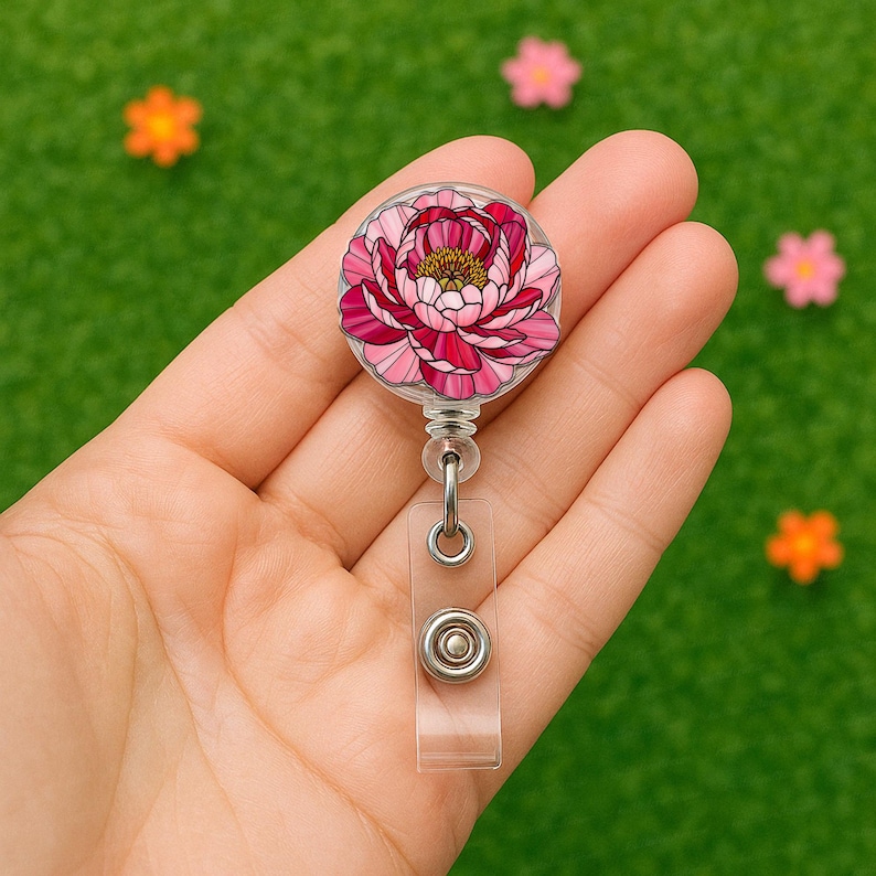 Peony Floral Badge Reel, Elegant Flower Design, Stylish Flower Badge ...