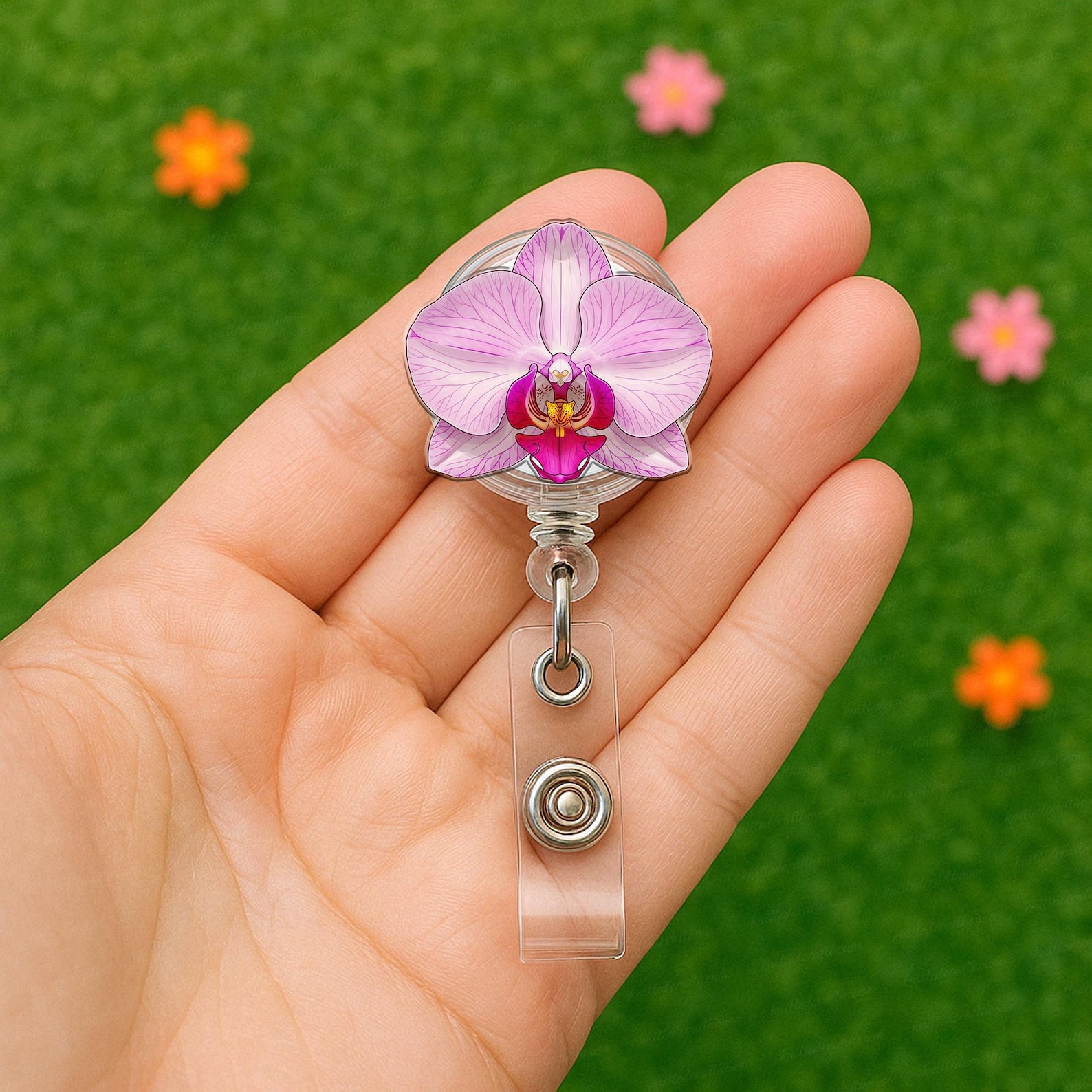 Orchid Flower Badge Reel, Cute Nurse ID Holder, Flower ID Badge Clip ...