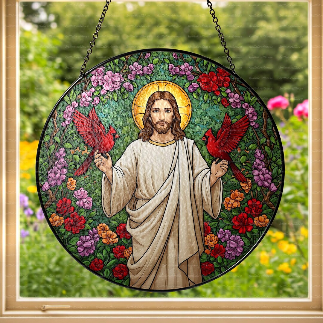 Jesus With Cardinals Suncatcher, God Glass Window Hanging, Memorial ...