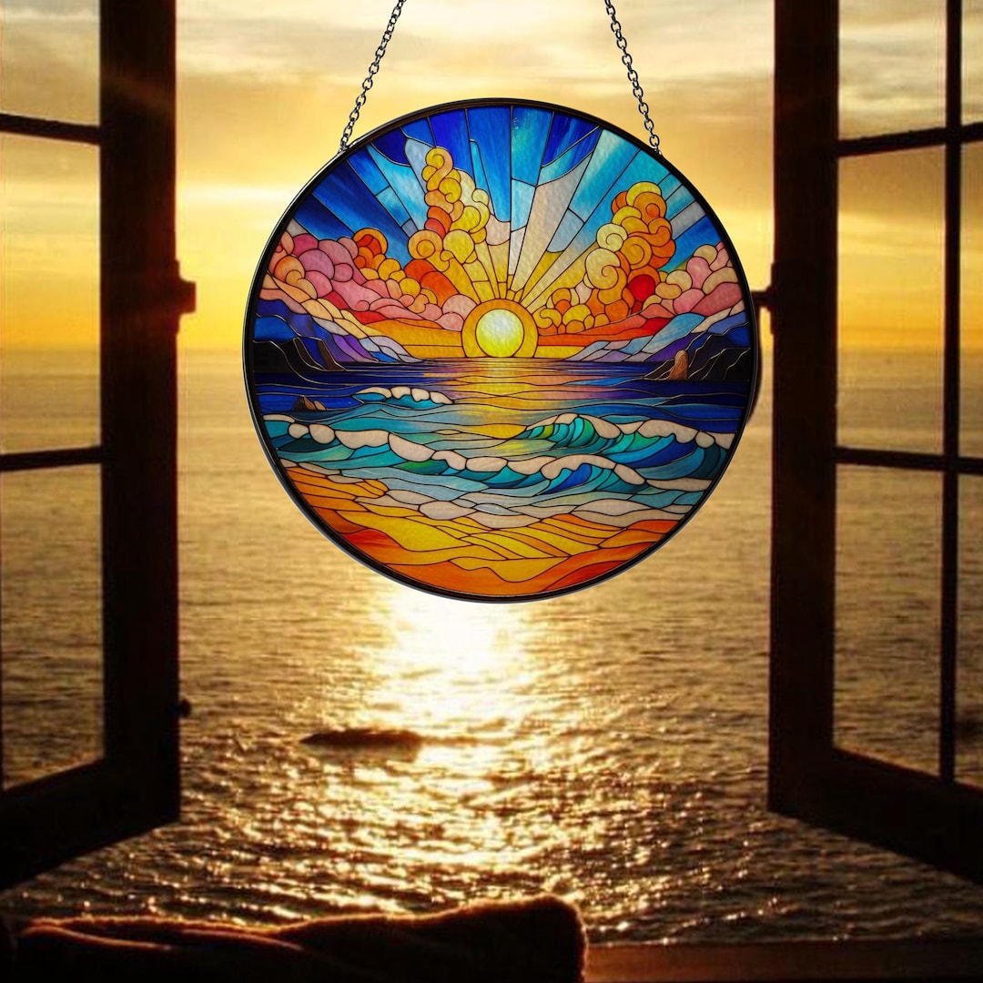 Beach Sunset Painted Glass, Sunset Suncatcher, Beach Home Decor, Gift ...