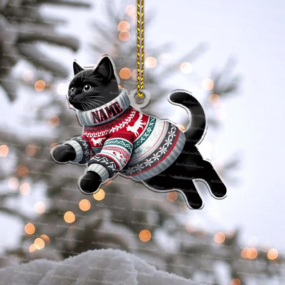 Personalized 2D Flat Black Cat Hanging Christmas Ornament, Black Cat ...