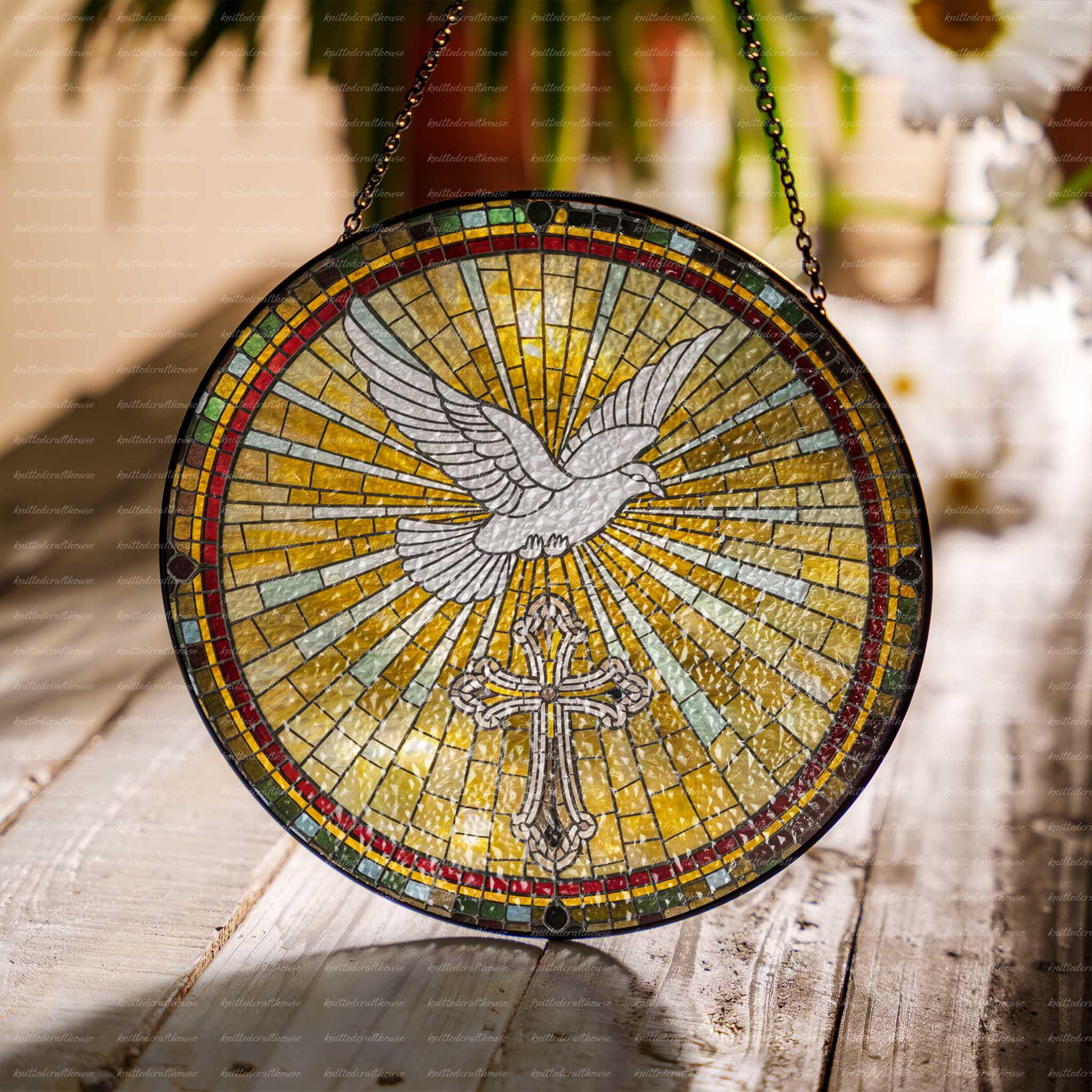 Holy Spirit Dove Suncatcher, Christian Cross and Radiant Sunburst Glass ...