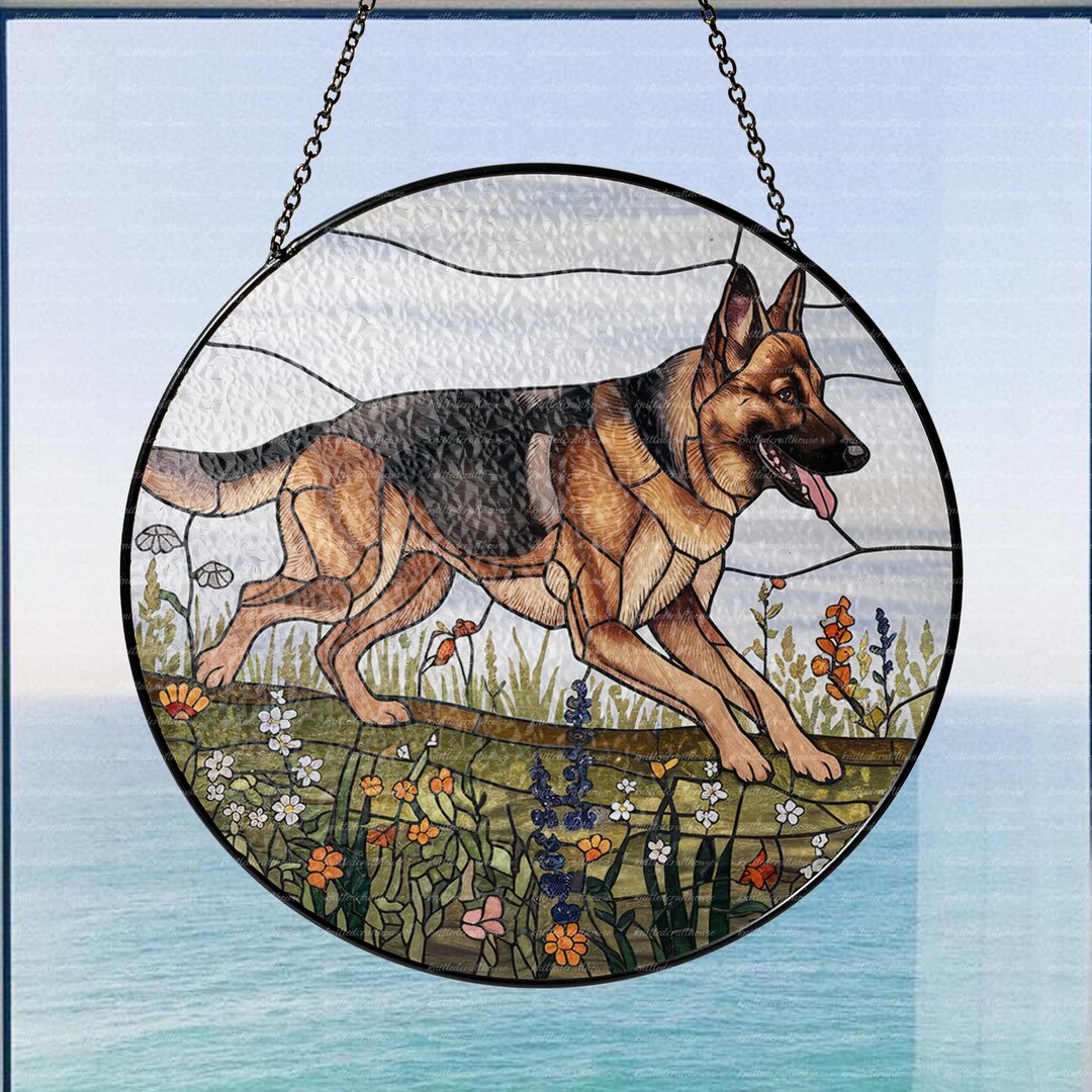 Germand Shepherd Wildflowers Glass Suncatcher Hanging, German Shepherd ...