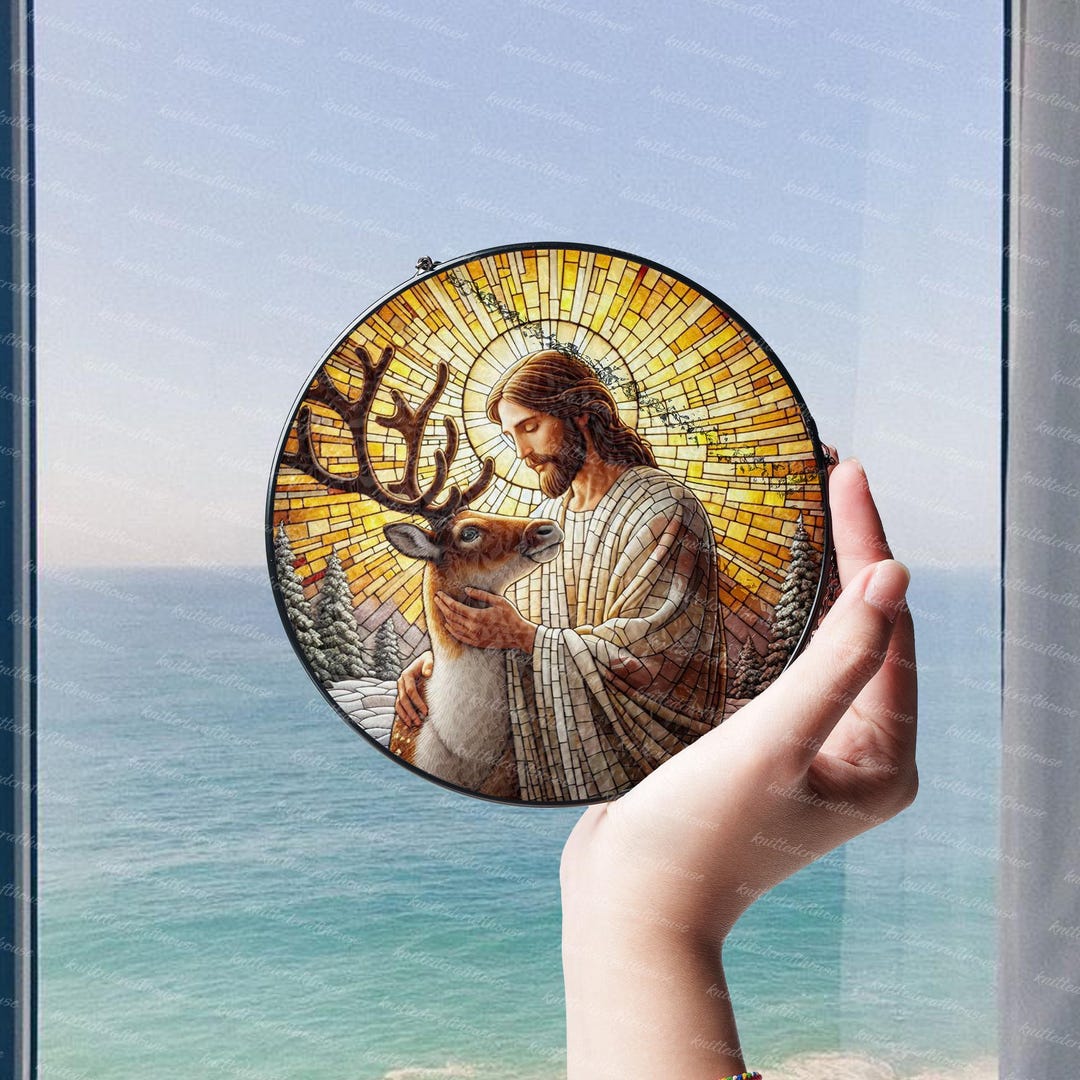 Jesus Christ Hugging Reindeer Suncatcher, Jesus Christ Glass Art ...