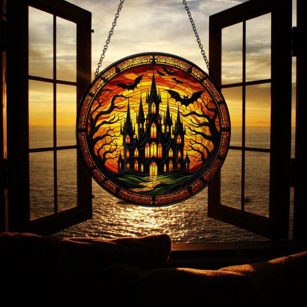 Creepy Castle Glass Suncatcher, Halloween Decor, Castle Wall Hanging ...