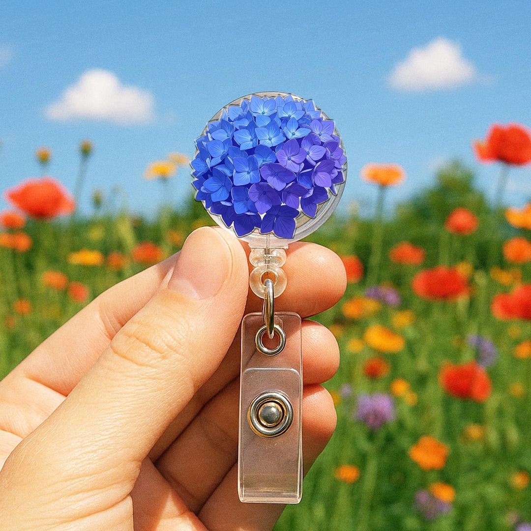 Hydrangea Flower Badge Reel, Blue Flower Nurse ID Holder, Cute Floral ...