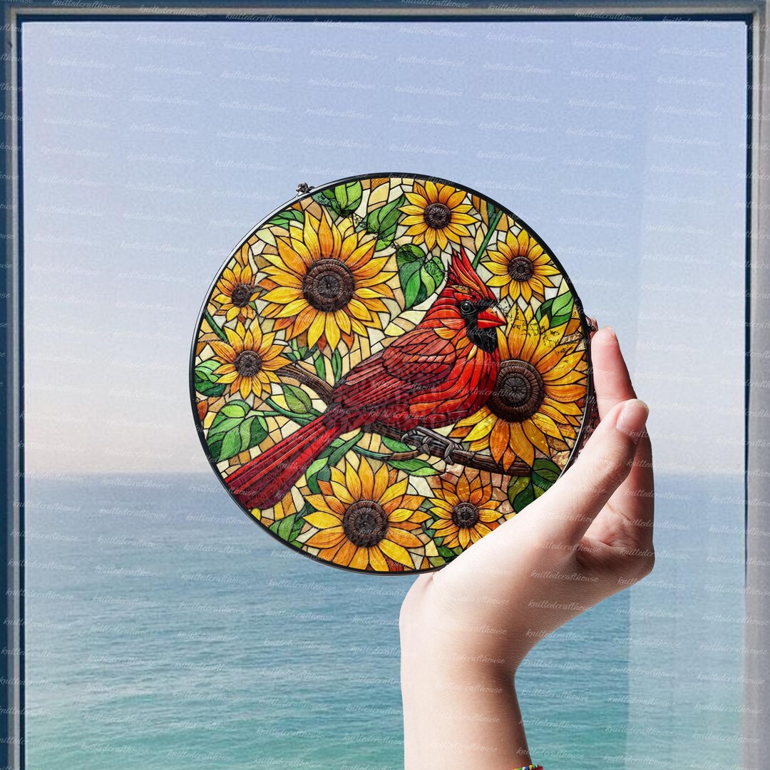 Cardinal and Sunflowers Suncatcher Hanging, Birds Glass Hanging ...