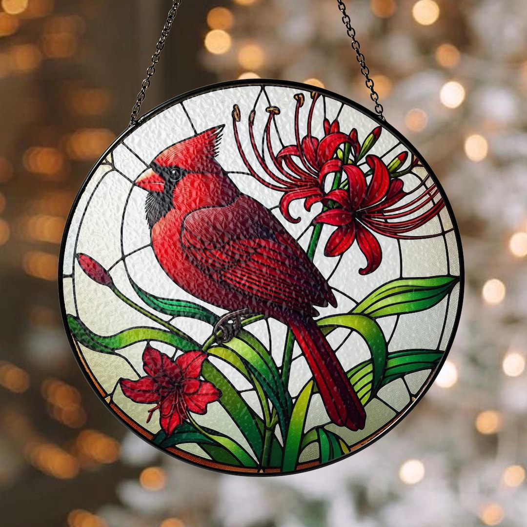 Cardinal With Red Spider Lily Flower GLASS Decor, Spider Lily Flower ...