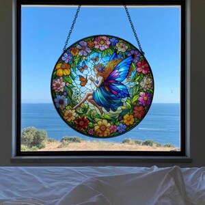 Flower Fairy Painted Glass Decor, Fairies Flower Suncatcher, Fairy ...