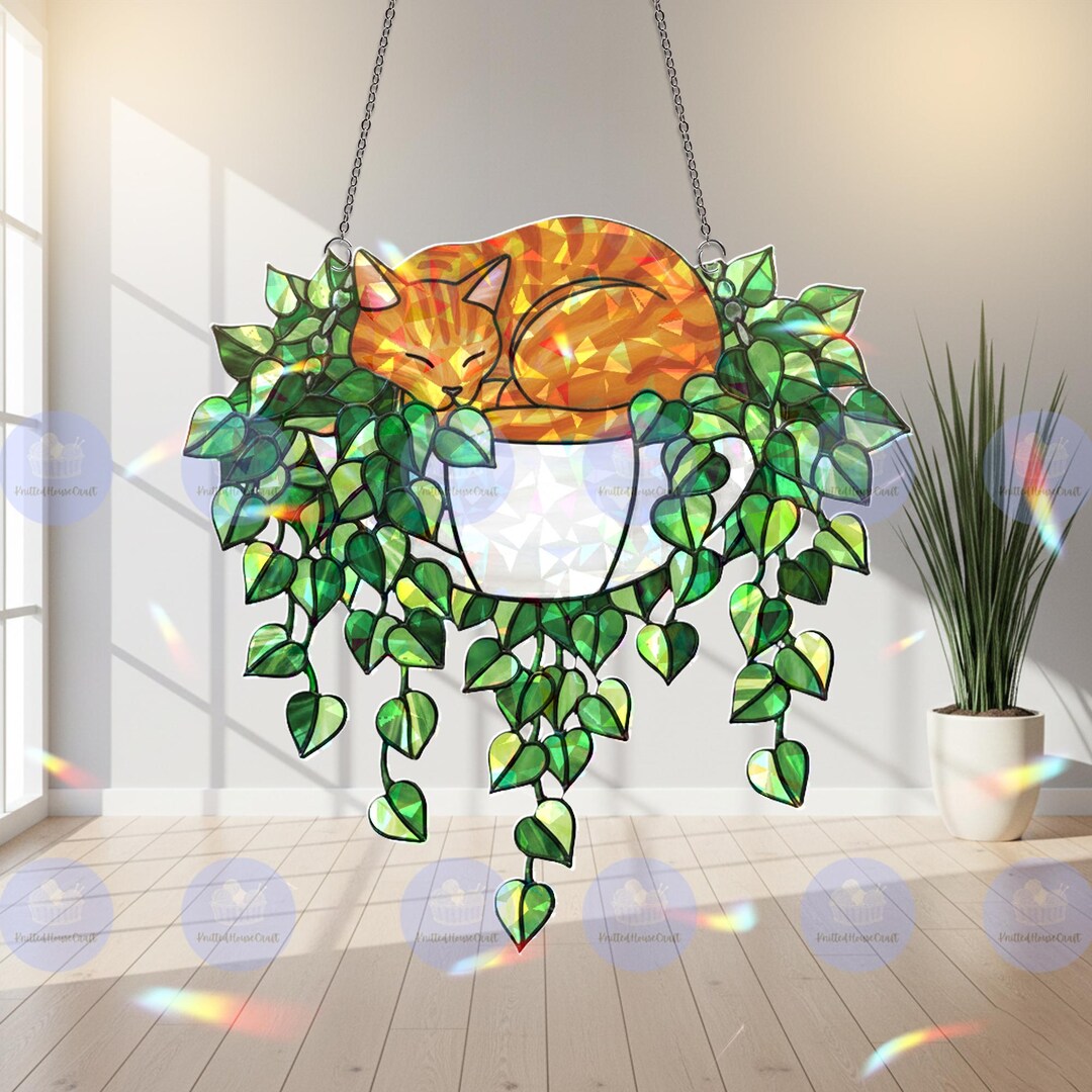 Orange Cat Pothos Plant ACRYLIC Hologram Window Hanging, Cat Lover Home ...