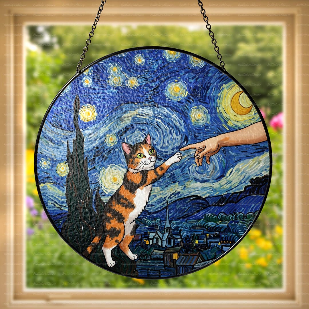 Calico Cat Touching Human Hand Suncatcher Hanging, Calico Cat Glass ...