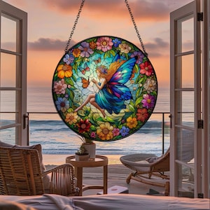 Flower Fairy Painted Glass Decor, Fairies Flower Suncatcher, Fairy ...