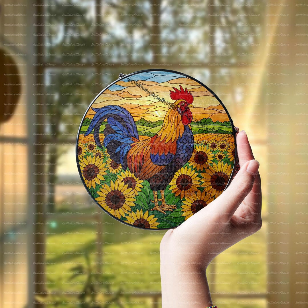 Sunflower Rooster Suncatcher Hanging Sign, Rooster Glass Window Hanging ...