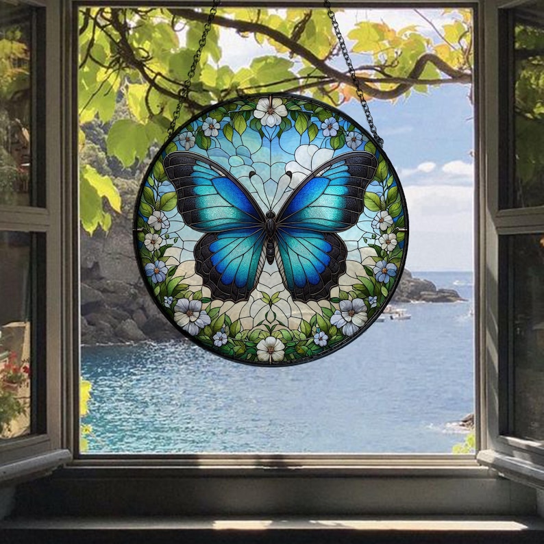 Morpho Menelaus Butterfly Stained Glass, Butterfly Window Hangings ...
