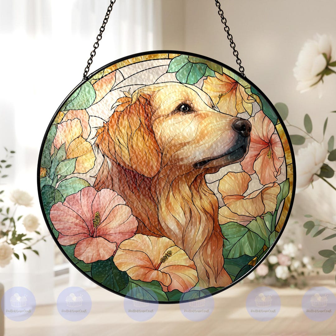 Golden Retriever Glass Suncatcher, Floral Dog Window Hanging, Pet ...