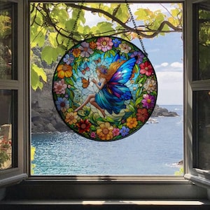 Flower Fairy Painted Glass Decor, Fairies Flower Suncatcher, Fairy ...