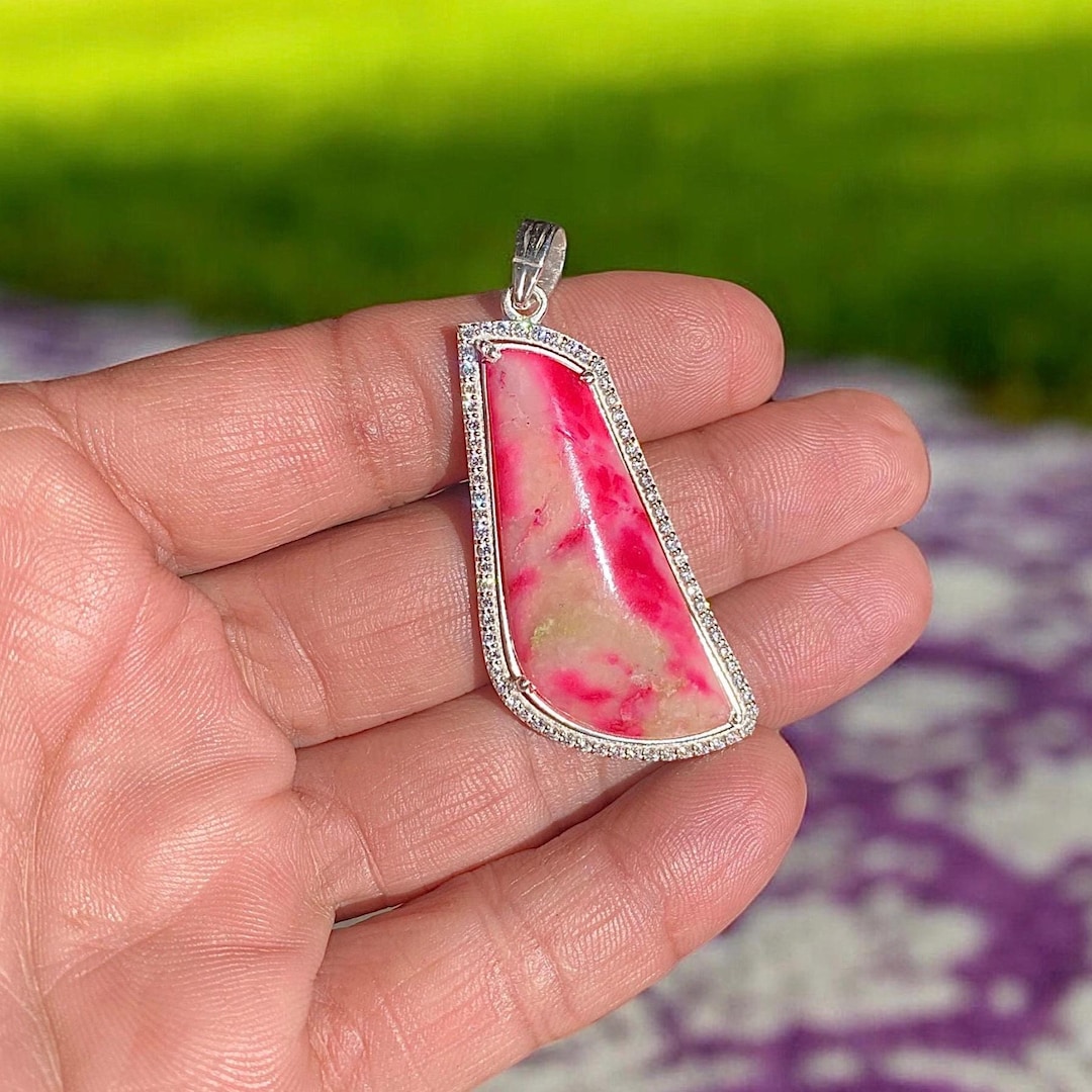 Rare Tugtupite Halo Diamond Pendant 925 Sterling Silver Fast Color ...