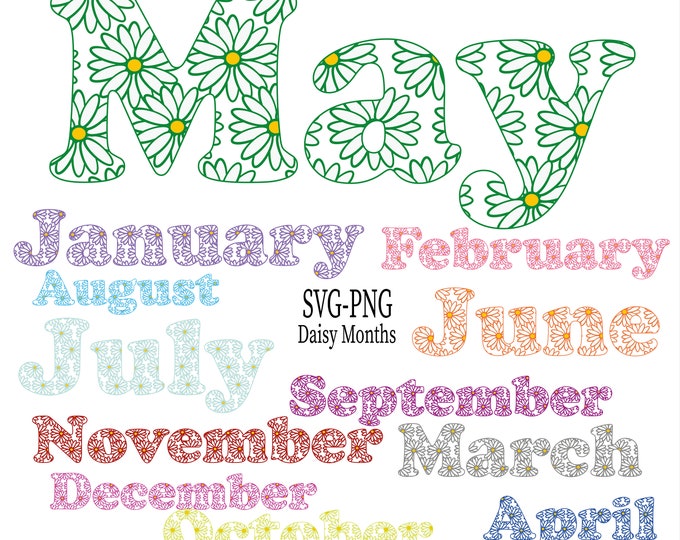 Months Printable Planner Stickers, Month of the Year Svg, Daisy ...