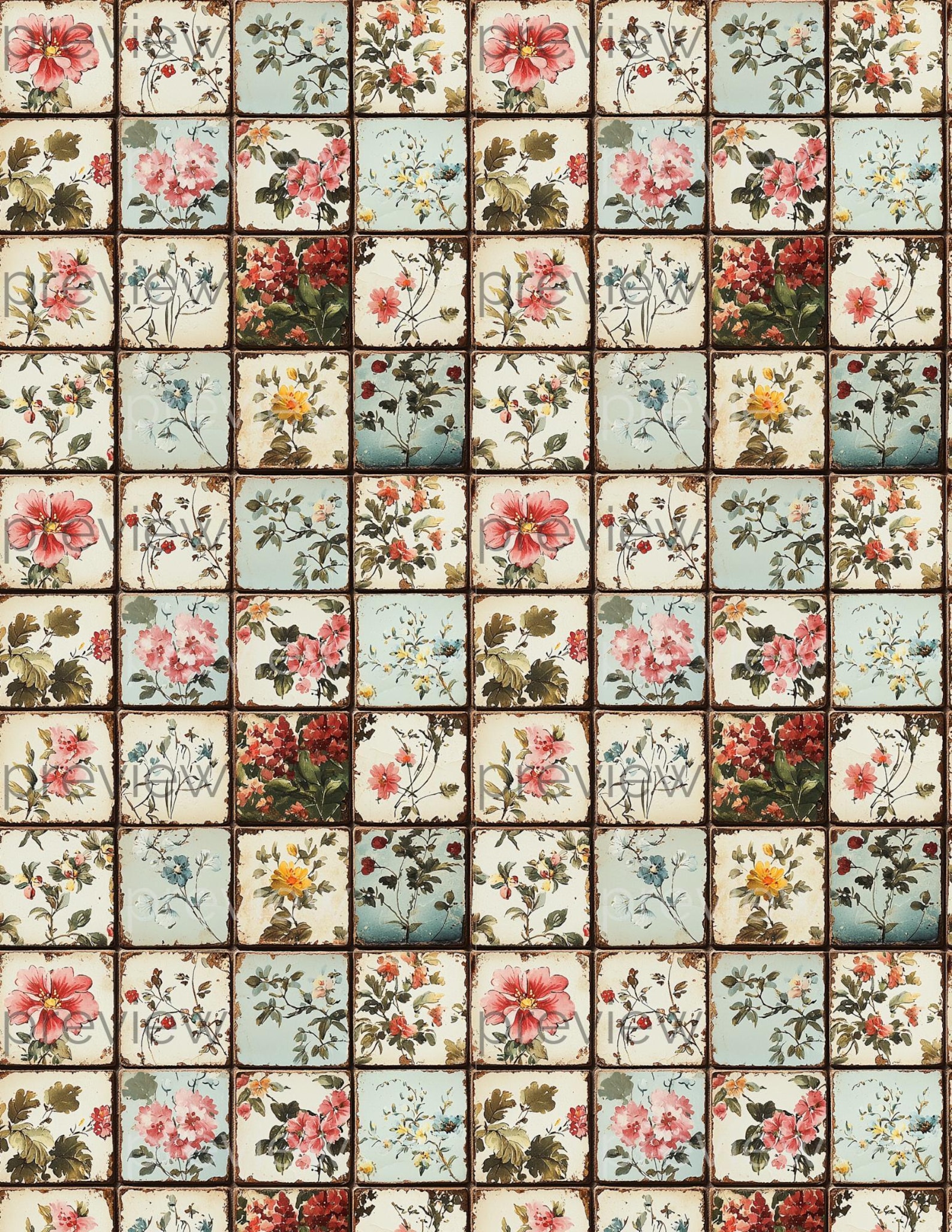 Vintage Floral Dollhouse Tiles, Printable Miniature Tiles for 1:12 ...