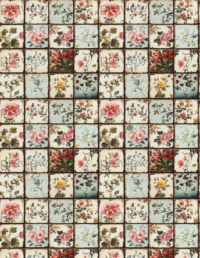 Vintage Floral Dollhouse Tiles, Printable Miniature Tiles for 1:12 ...