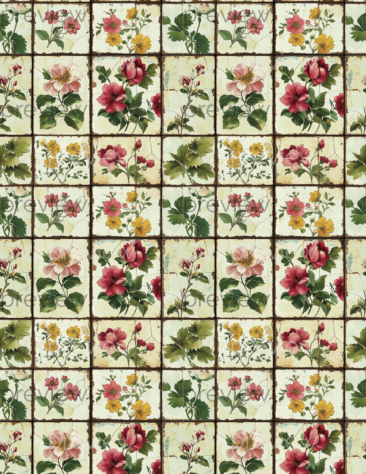 Vintage Floral Dollhouse Tiles, Printable Miniature Tiles for 1:12 ...