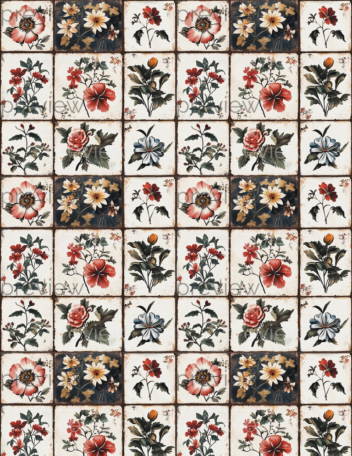 Vintage Floral Dollhouse Tiles, Printable Miniature Tiles for 1:12 ...