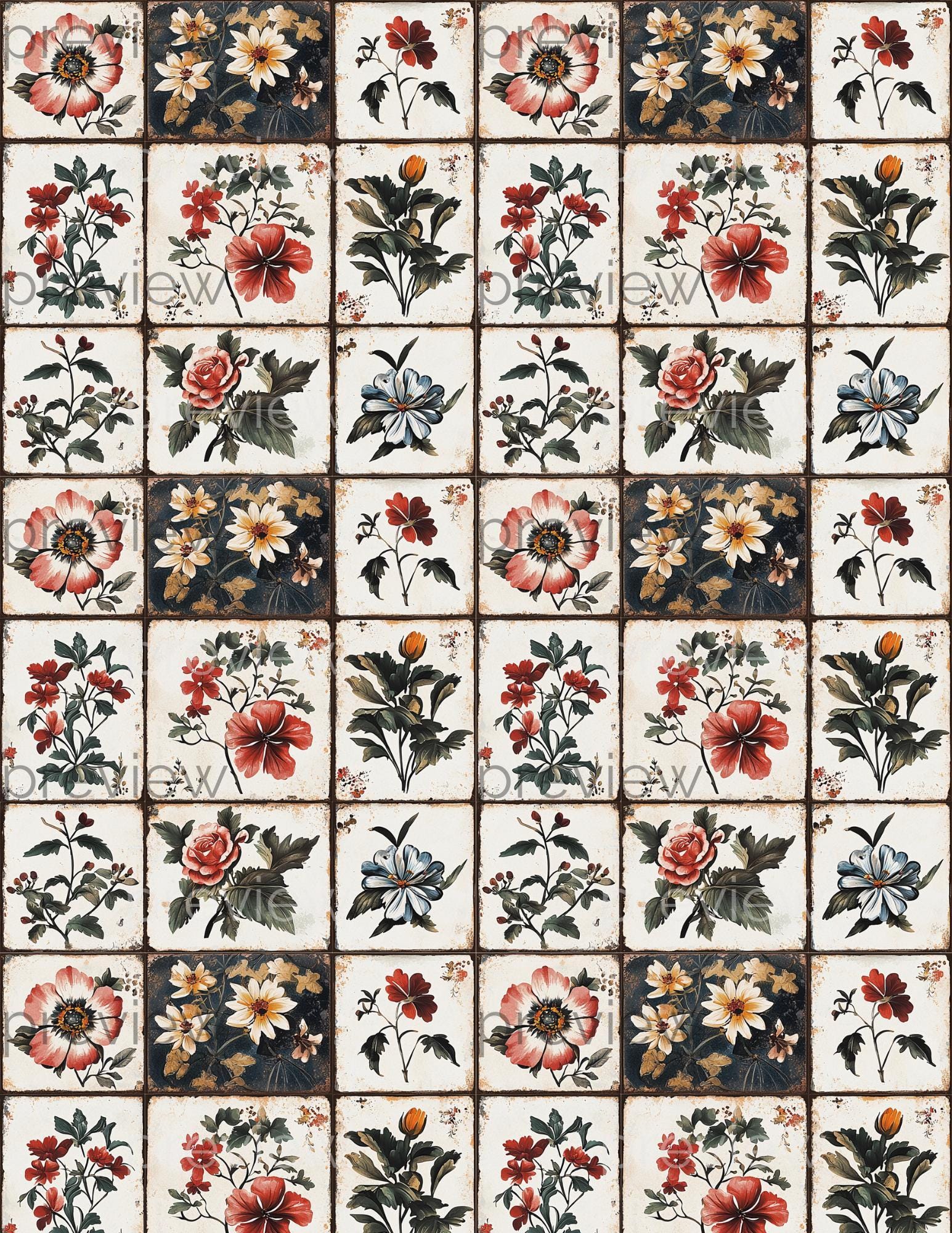 Vintage Floral Dollhouse Tiles, Printable Miniature Tiles for 1:12 ...