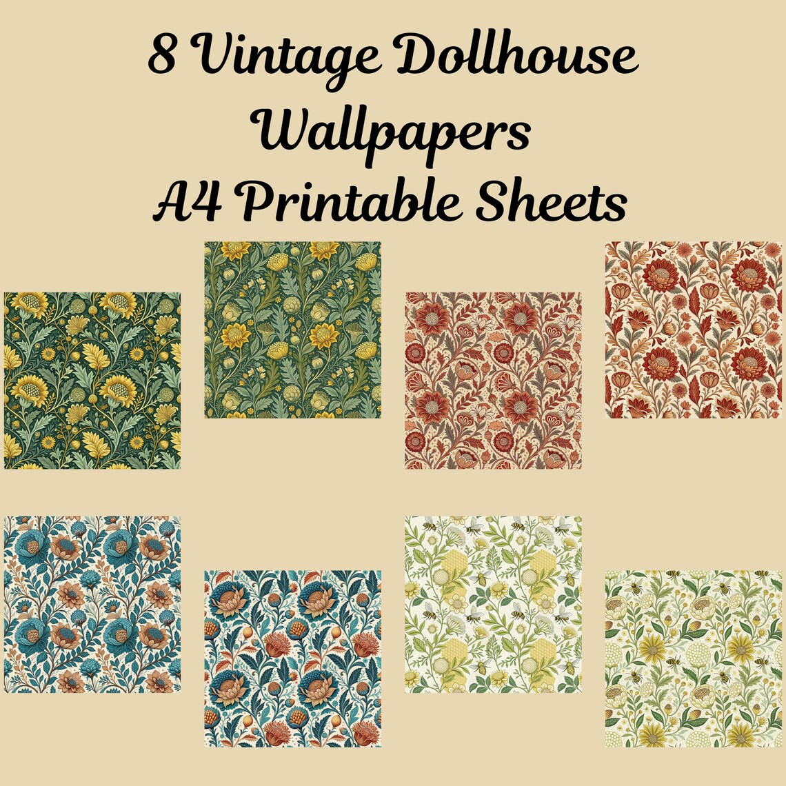 Arts & Crafts Dollhouse Wallpaper, Vintage William Morris Style, 1:12 ...