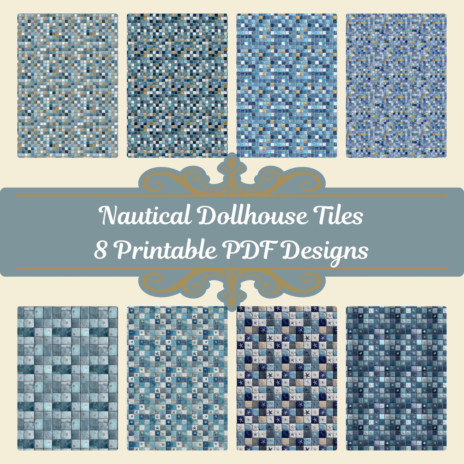 Nautical Dollhouse Tiles, Miniature Printable Blue Tile Designs (PDF ...