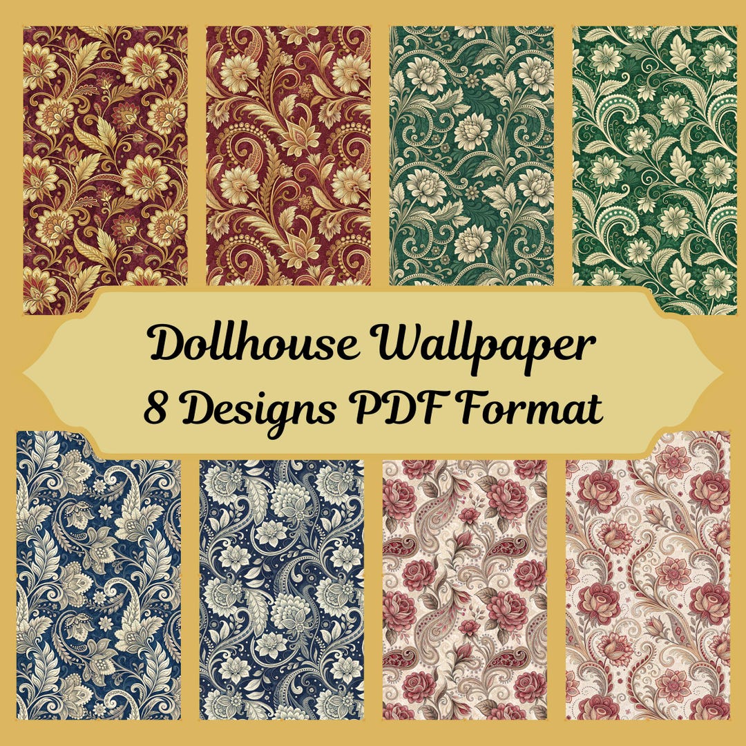 8 Miniature Dollhouse Damask Wallpapers, 1:12 Scale Printable ...