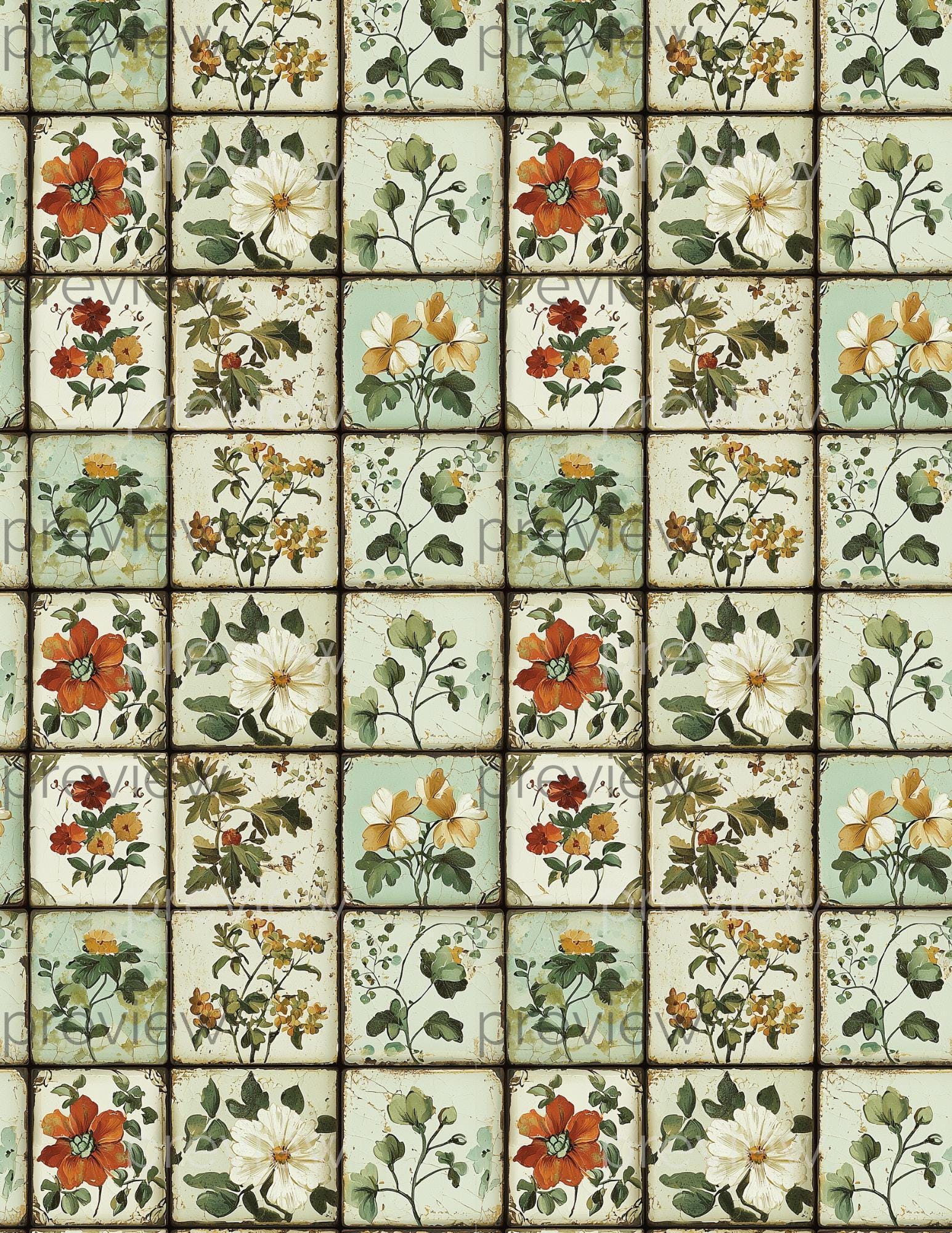 Vintage Floral Dollhouse Tiles, Printable Miniature Tiles for 1:12 ...