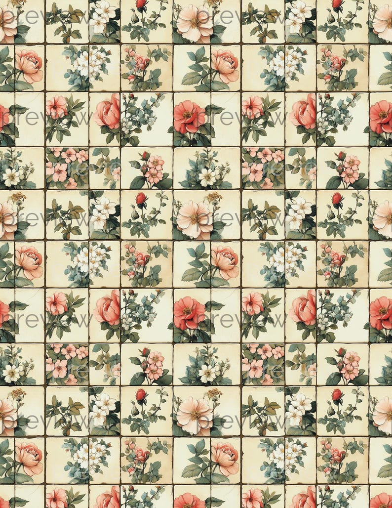Dollhouse 1:12 Scale Victorian Floral Mosaic Tiles, Printable Floor and ...