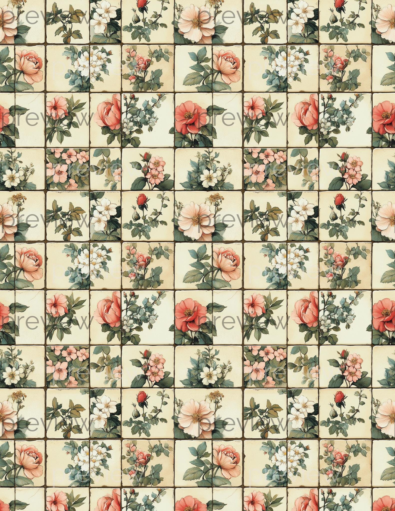 Dollhouse 1:12 Scale Victorian Floral Mosaic Tiles, Printable Floor and ...