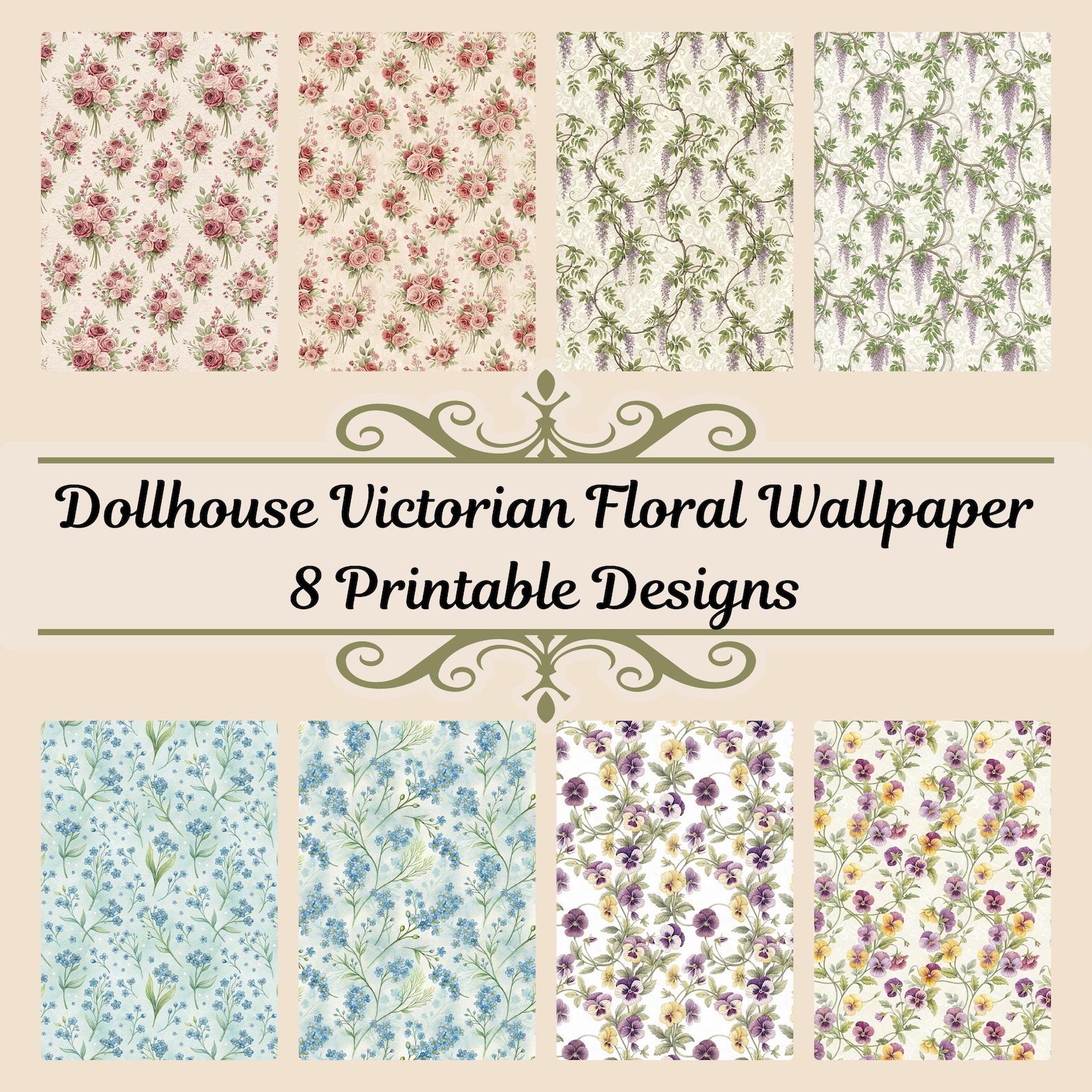 Dollhouse Wallpaper, Victorian Floral Patterns, 1:12 Scale Printable ...