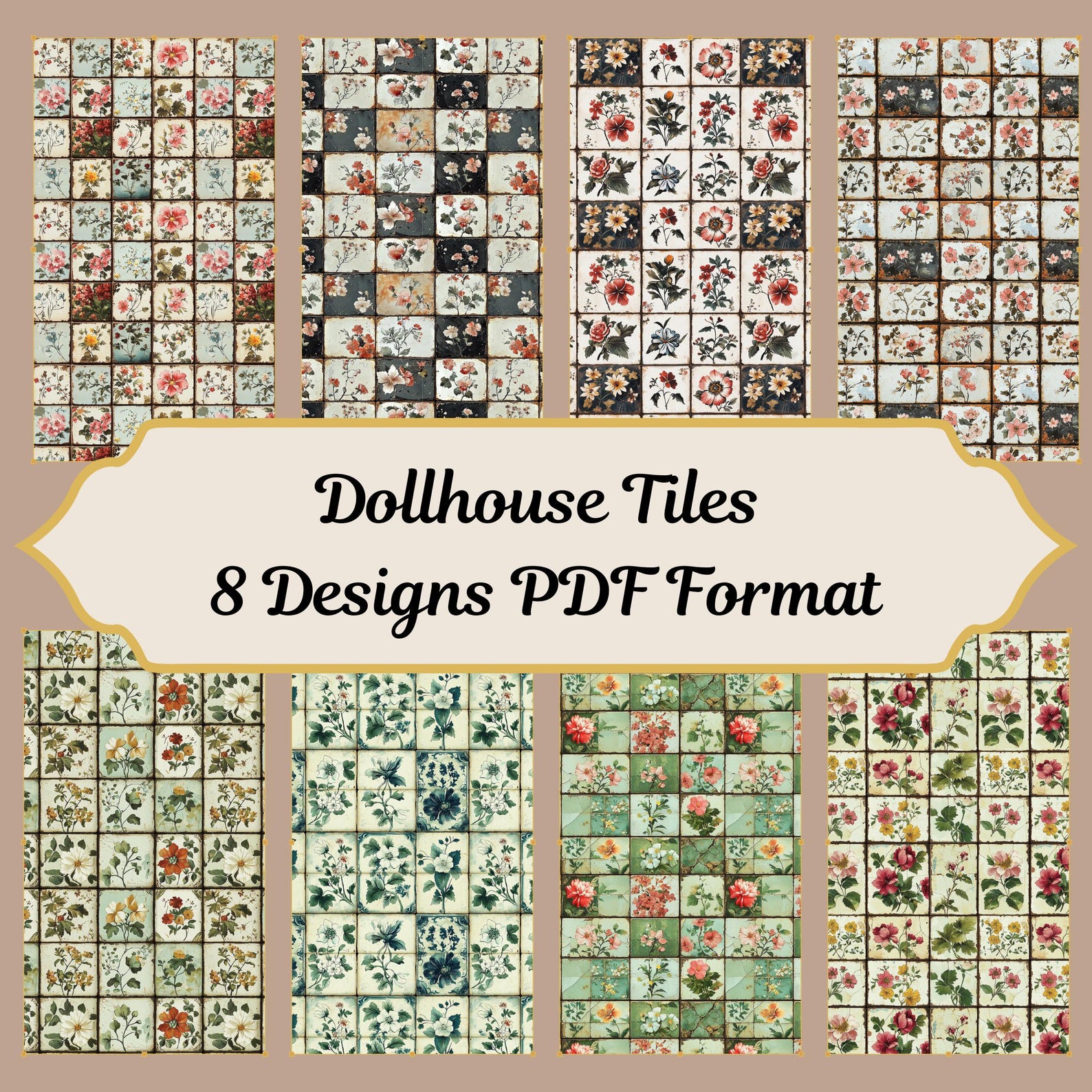 Vintage Floral Dollhouse Tiles, Printable Miniature Tiles for 1:12 ...