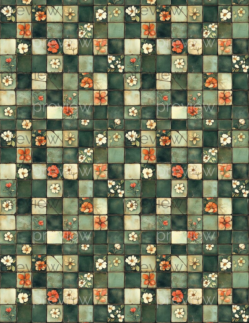 Dollhouse 1:12 Scale Victorian Floral Mosaic Tiles, Printable Floor and ...