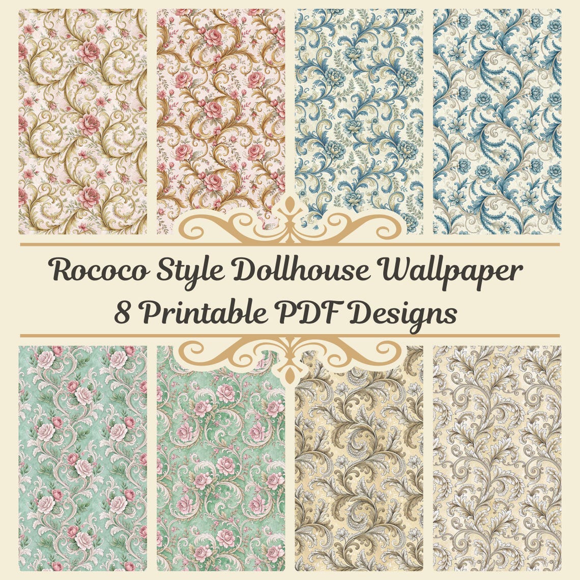 Miniature Rococo Printable Dollhouse Wallpaper, 1:12 Scale Vintage ...