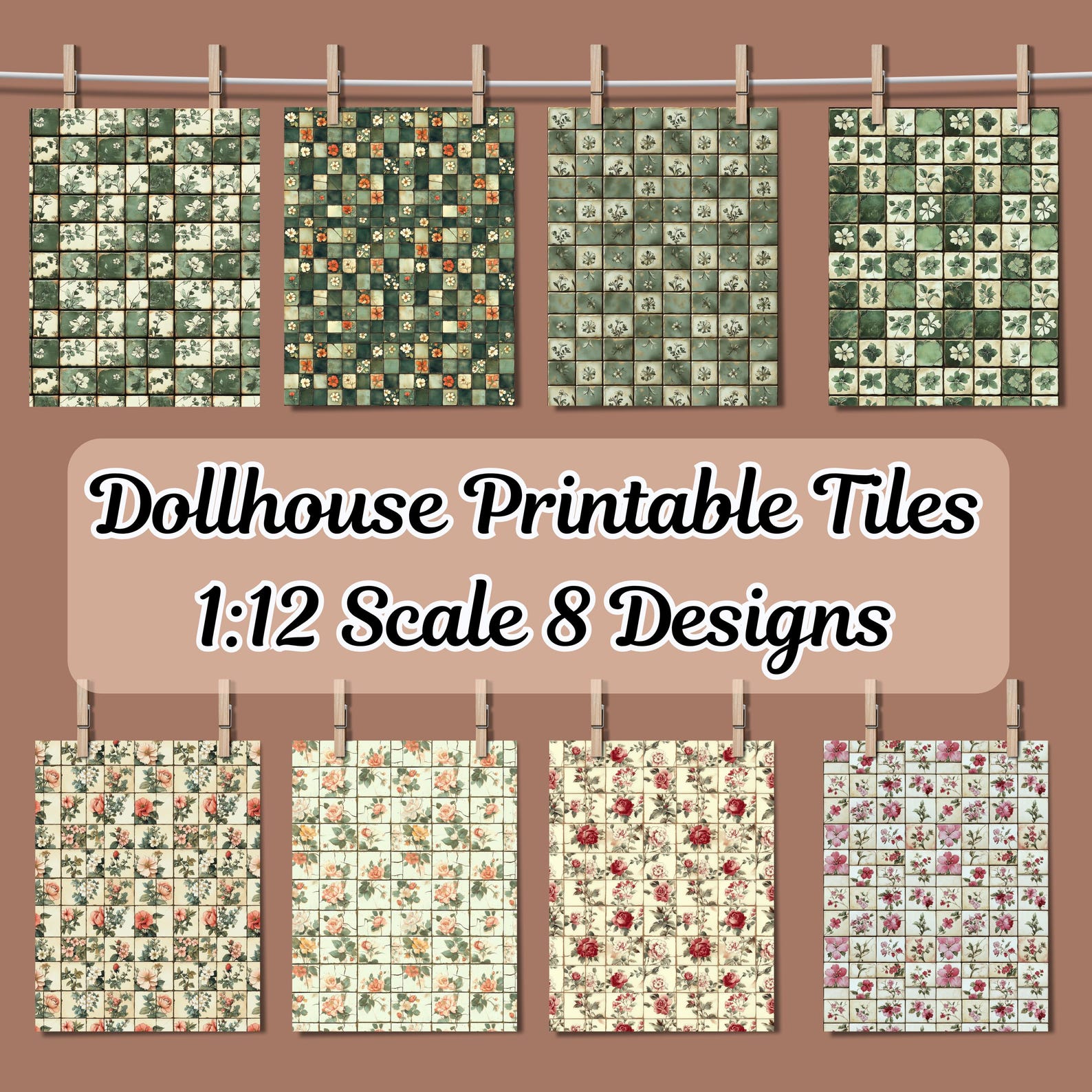 Dollhouse 1:12 Scale Victorian Floral Mosaic Tiles, Printable Floor and ...