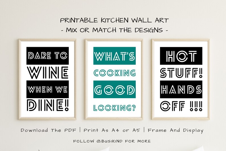 Funny Kitchen Wall Art Set Set of 3 Foodie Quotes in 2 Colours ...