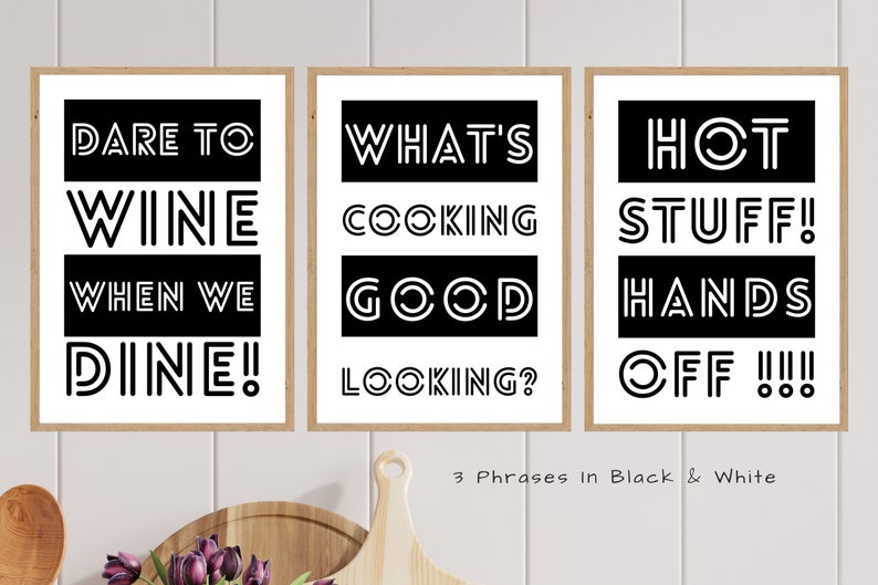Funny Kitchen Wall Art Set Set of 3 Foodie Quotes in 2 Colours ...