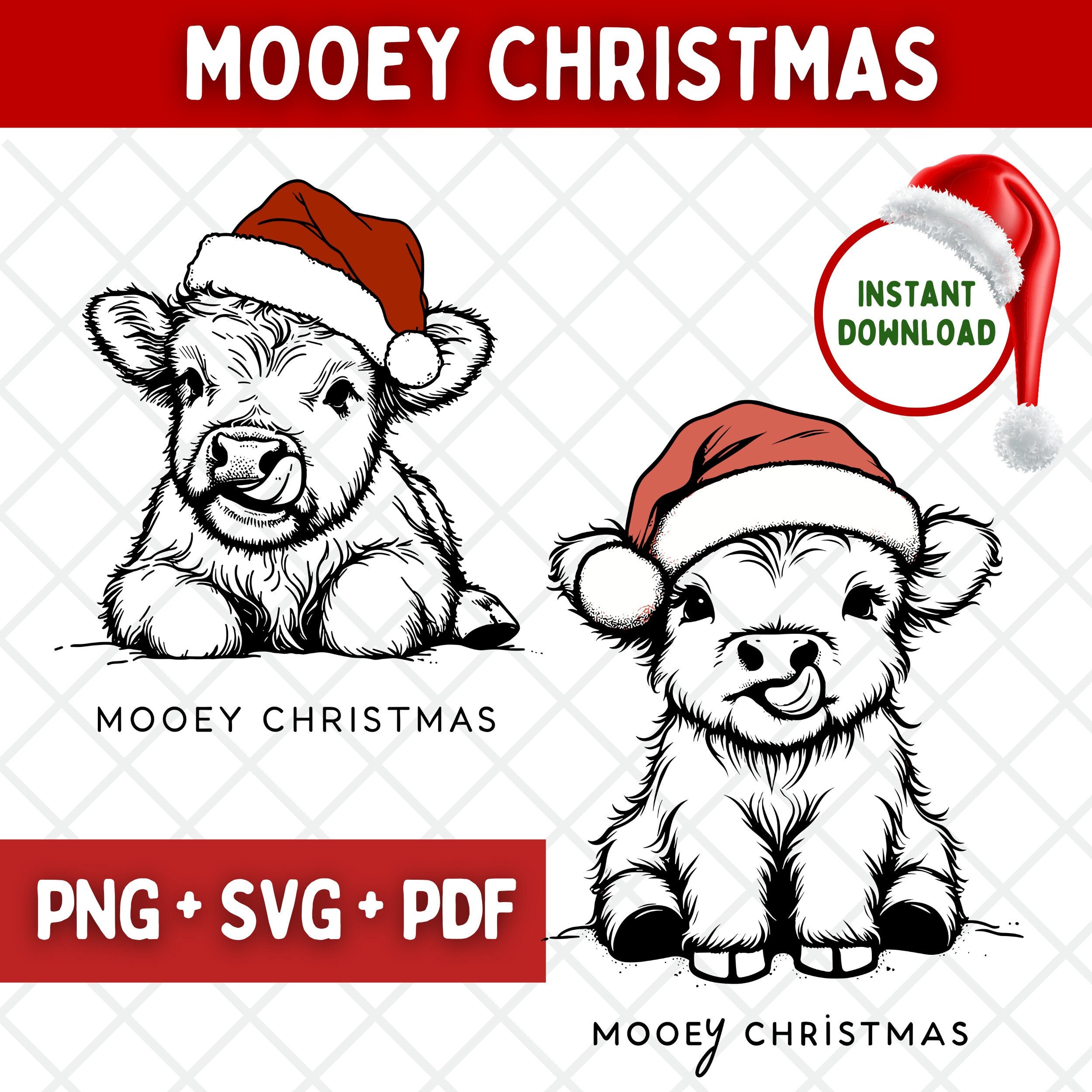 2 Mooey Christmas Cow SVG, PNG, PDF 2 Festive Cow Designs, Santa Hat ...