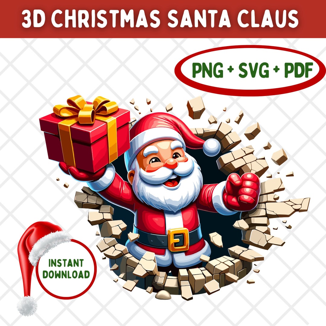 3D Santa SVG - Festive Santa in Cracked Wall Hole Design for Mug ...